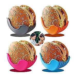 Retractable Reusable Hamburger Sandwich Burger Holders Fixed Box Clip Rack, Adjustable Hygienic Silicone Fixed French Fry Hamburger Sauce Ketchup Holder Container Boxes for Eating, 4 Pcs