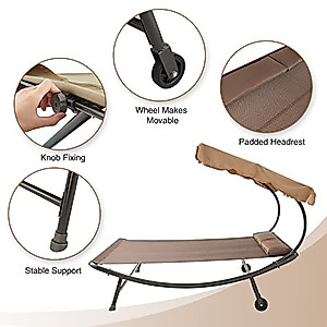 5-Star Compatible Ink Double Chaise Lounge Bed with Adjustable Canopy and Pillow and Wheels, Extra Large Patio Hammock Bed for Garden, Lawn, Backyard, Courtyard, 6.6'L x 6.5'W, Brown