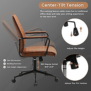 Brown Leather Office Chair, Ergonomic Mid-Back Executive Conference Task Chair, Ribbed Height Adjustable Swivel Rolling Chair for Home Office (Brown)