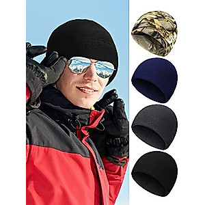 SATINIOR 4 Pieces Skull Caps for Men Women Fleece Winter Hat Warm Soft Polar Beanie Hat Thick Windproof(Black, Camouflage, Navy Blue, Grey, Large)
