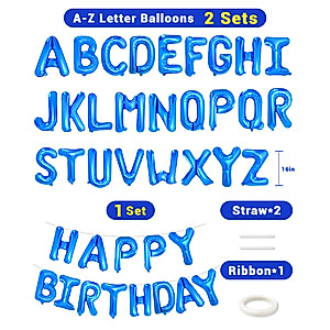 Gojmzo Personalized Name Happy Birthday Banner Decorations Blue Happy Birthday Sign Balloon Letter Balloons 2 Sets A-Z 16'' Mylar Foil Birthday Party Decorations for Kids, Women, Men, Blue