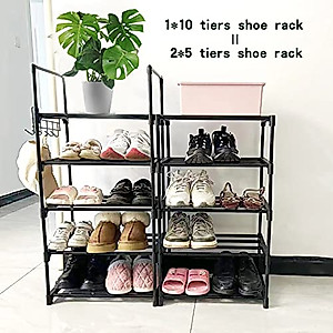 ANJETKON 10 Tier Durable Black Metal with Hooks Skinny Narrow Corner Standing Vertical Shoe Rack Tall Tower for Small Spaces Entryway Closet 20-24 Pairs Shoe and Boots Organizer Storage Shelf
