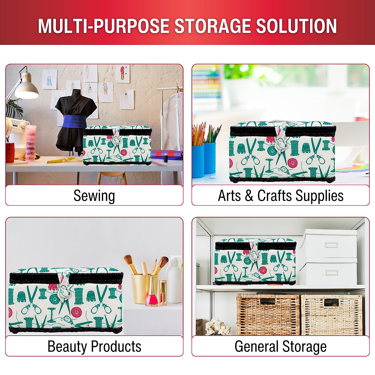 SINGER 07271 Basket with Sewing Notions Kit & Removable Tray-Vintage Spools, Tan