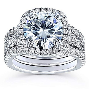 Kobelli Round Forever One D-F Moissanite Cushion Halo Bridal Wedding Set 4 1/3 CTW 14k White Gold 3 Piece Set, 6.5