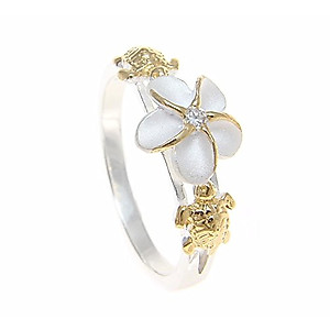 Arthur's Jewelry Sterling silver 925 Hawaiian plumeria flower cz turtle ring 2 tone yellow gold plated size 8