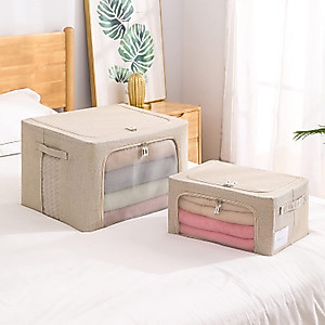 FHSQX Clothes Storage Bins,Foldable Clothing Storage Box,Stackable Steel Frame Oxford Fabric Organizer with Clear Window & Carry Handles (Beige, (15.7 * 12 * 8) x2)