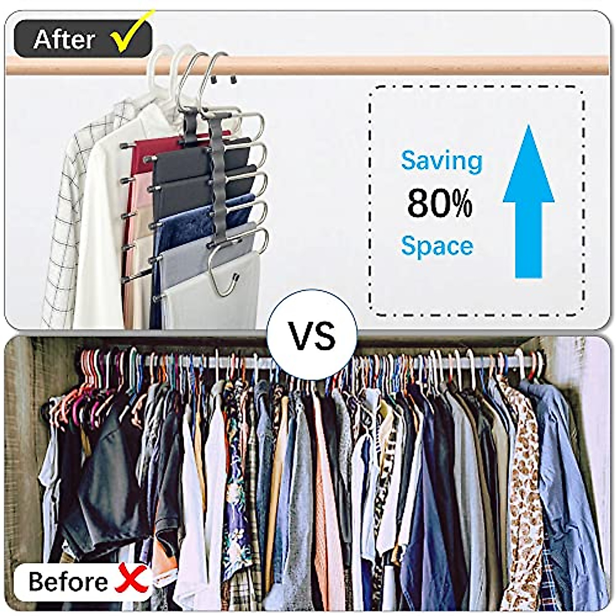 Magic Pants Hangers Space Saving - 2 Pack for Closet Multiple Layers Multifunctional Uses Rack Organizer for Trousers Scarves Slack (2 Pack with 10 Metal Clips)