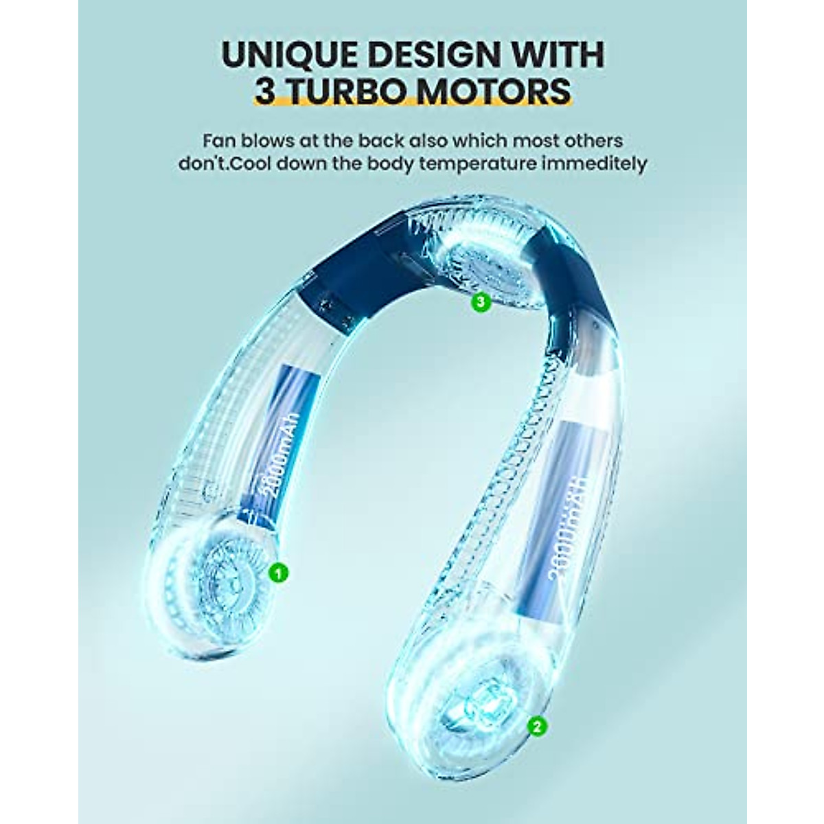 Portable Neck Fan with Sides and Back Motors for 360°Cooling, Wearable Hands Free Bladeless Fan, Wrap-around Fans,Personal Rechargeable Leafless, 4000 mAh,3 Speeds, Quiet Soft Silicone Neckband Fans