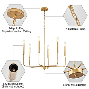 ONESMING Modern Gold Chandelier for Dining Room,Metal 6-Light Kitchen Light Fixtures,Farmhouse Candle Hanging Pendant Light for Living Room Entryway Foyer Bedroom (Bulb Not Included)