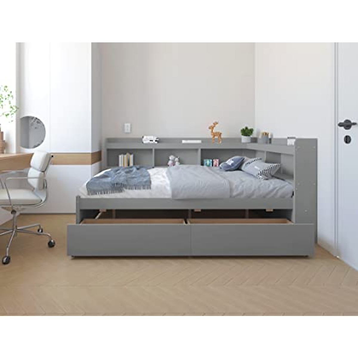 DEINPPA Full Size Platform Bed with L-Shaped Bookcase and 2 Drawers, Wooden Captain Bed Frame with Bookcase Headboard for Kids Teens Adult Boys Girls, No Box Spring Needed, Grey