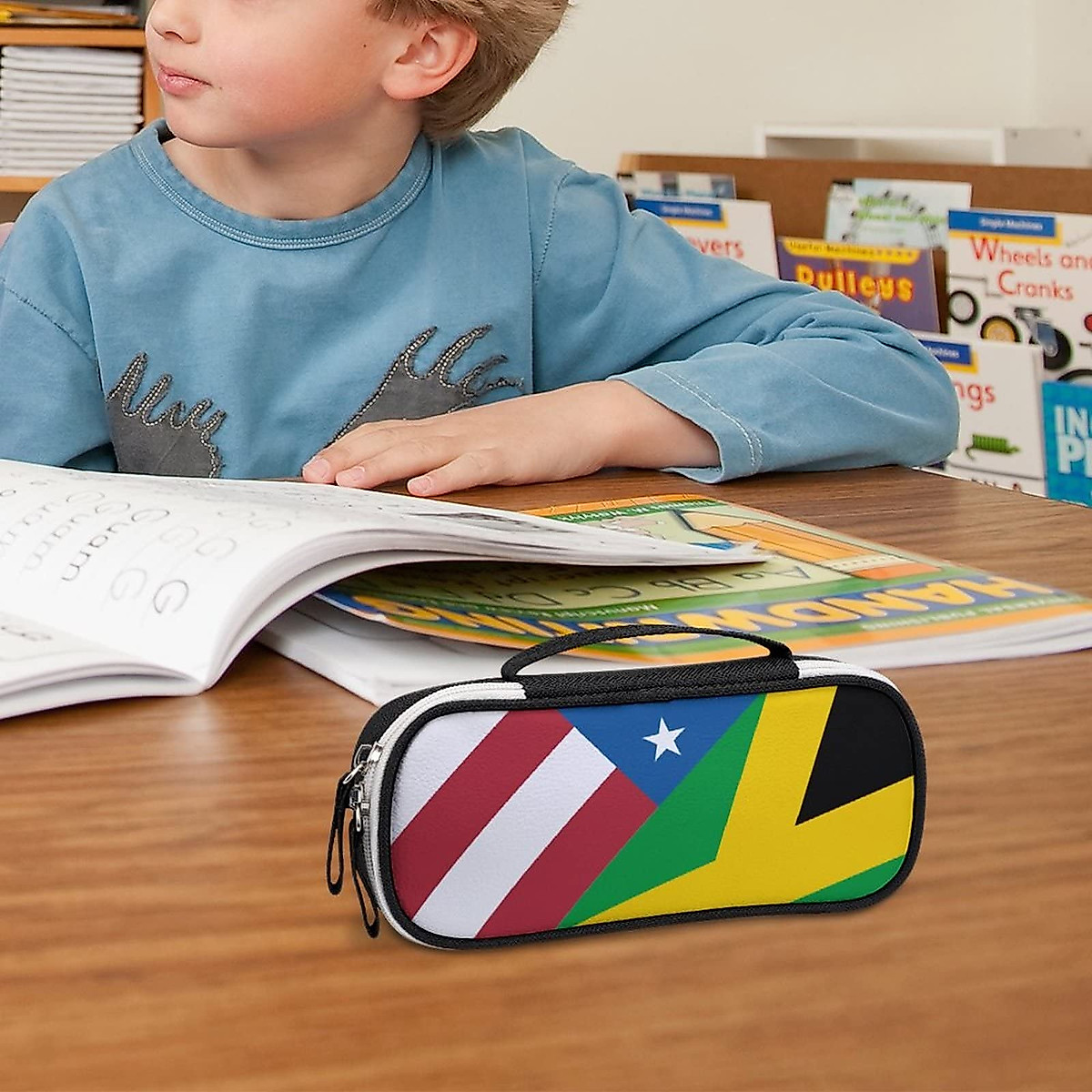 American Jamaican Flag PU Leather Pencil Pen Case Organizer Travel Makeup Handbag Portable Stationery Bag