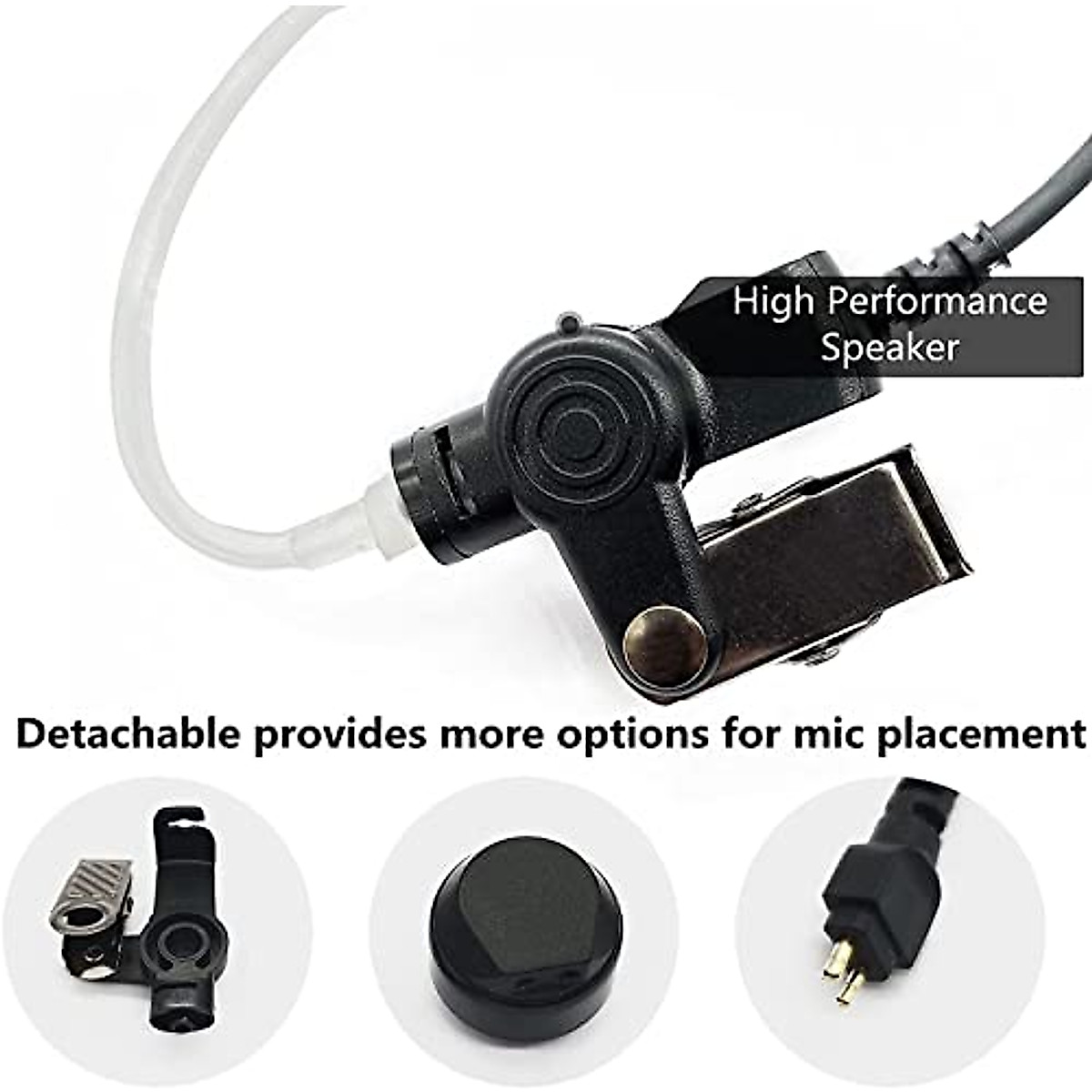 WODASEN 2 Pin PTT Transparent Acoustic Tube Earpiece for Motorola CP200 CLS1110 CLS1410 GP300 Walkie Talkies Earphone Two Way Radio Headset Push to Talk Button Mic Headphones with Black Earmold