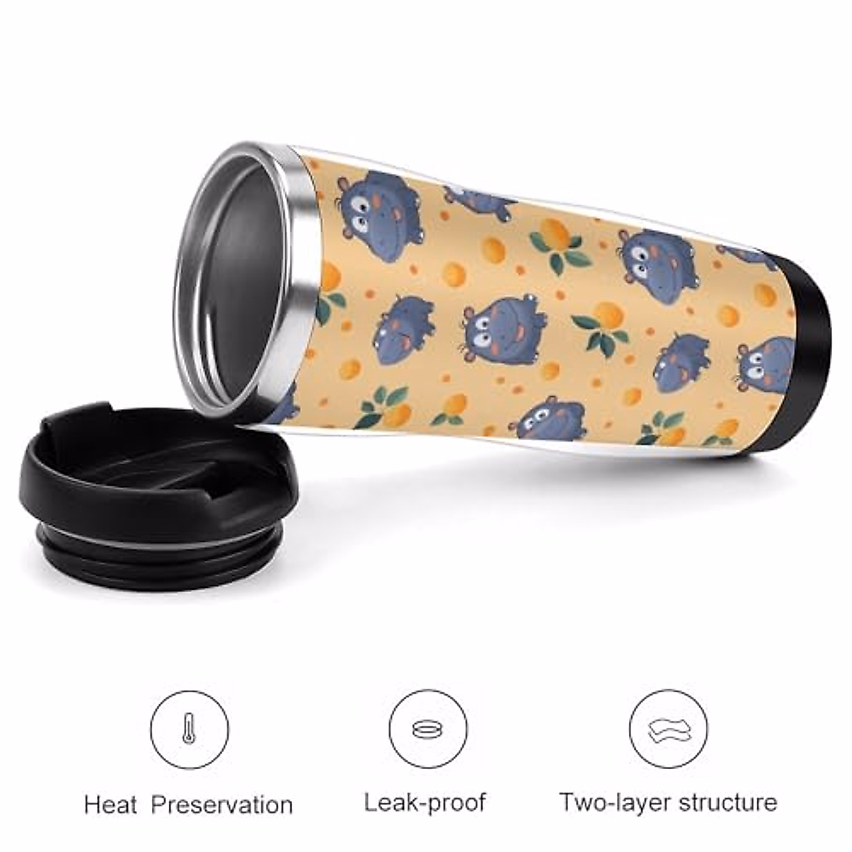 Cute Hippopo Pattern Travel Coffee Mug Reusable Insulated Drinking Cup with Lid for Home Outdoor Works 13 Oz