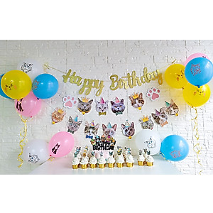 42pcs Cat Birthday Party Decoration Set, Cat Face Banner Latex Balloons Kitten Happy Birthday Cake Cupcake Toppers for Meow Kitty Theme Birthday Party Supplies