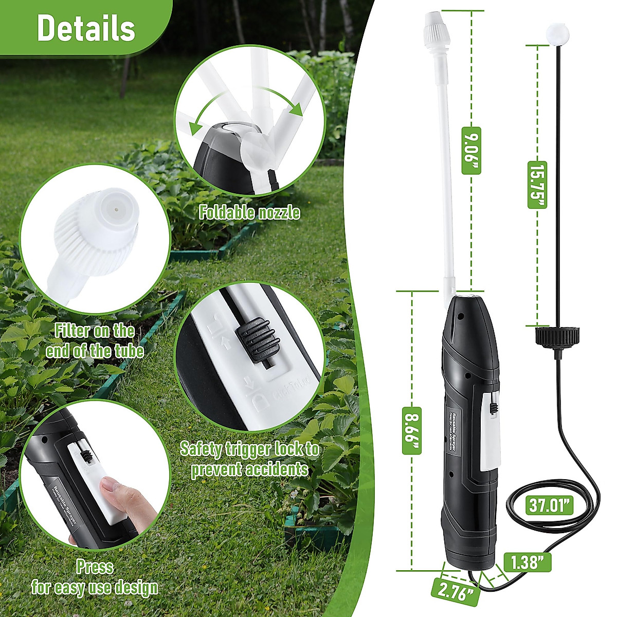 Qualirey Battery Powered Sprayer with Wand Electric Sprayer Weed Killer Sprayer Foldable Nozzle Fits with 38mm Cap 1 Gallon Jugs for Ant, Pest, Mosquito Bug Control Spray for Home Outdoor Garden Lawn