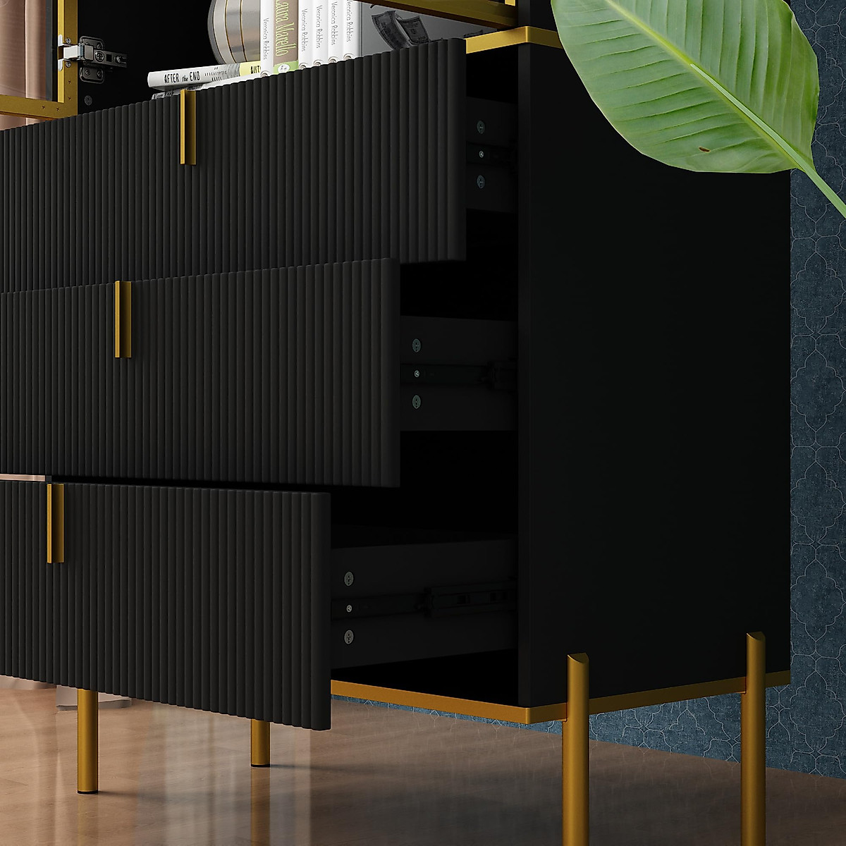 ECACAD Modern Bookcase Storage Cabinet with 2 Glass Doors and 3 Ripple Drawers, Wood Bookshelf Display Cabinet with Metal Legs for Living Room & Office, Black (31.5”L x 15.7”W x 71.9”H)