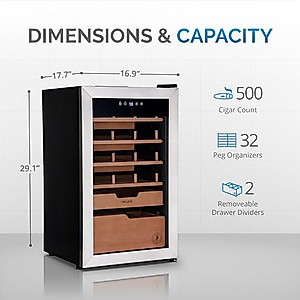 NewAir x Boveda 500 Count Electric Humidor, Spanish Cedar Shelves with Temperature Control, Cigar Humidor Box with Built-In Boveda Humidity Control in Stainless Steel