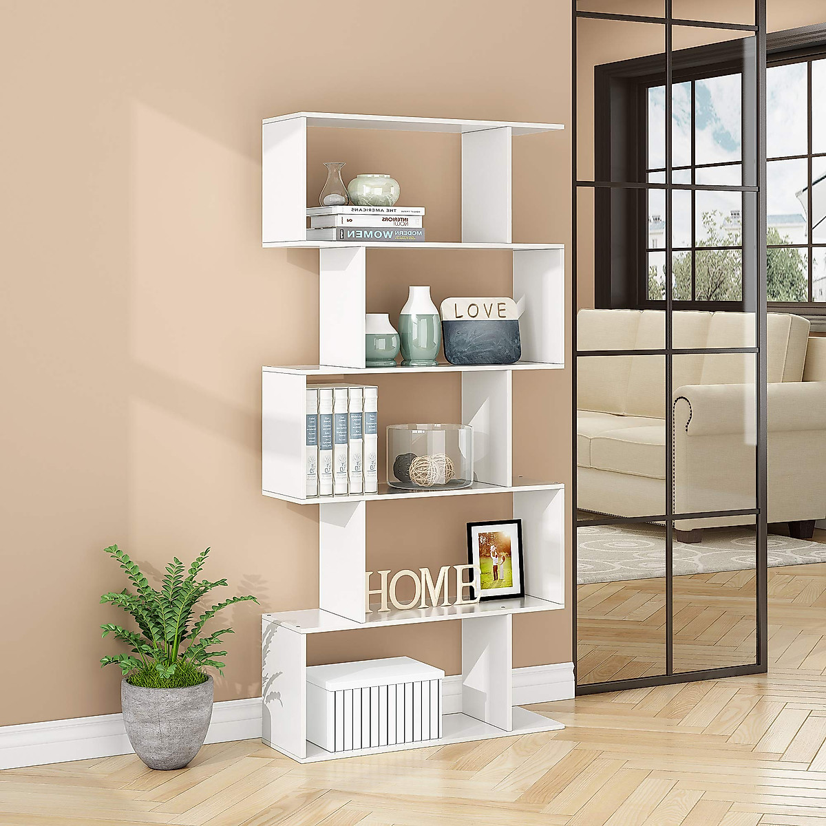 Function Home 5-Tier Geometric Bookcase, Freestanding S Shaped Bookshelf, Modern Multifunctional Display Shelves, White Book Shelf for Bedroom Living Room