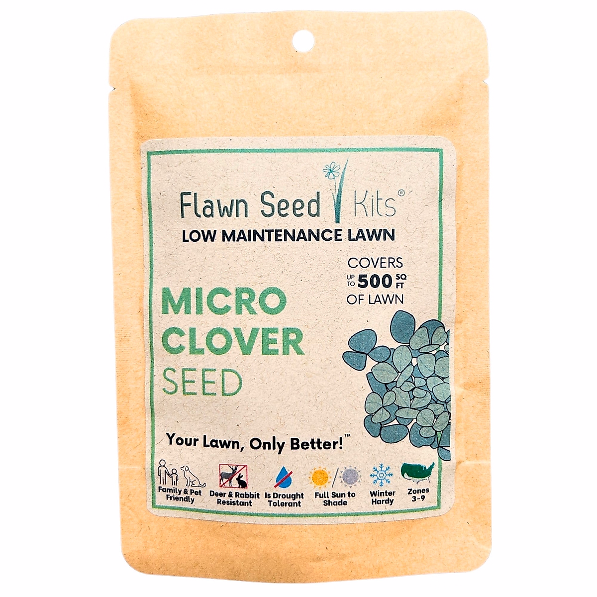 Flawn Seed Kits Micro Clover Seed, Organic Coated, Eco-Friendly, Low Growing, Low Maintenance, Lawn Alternative, Compostable Pouch, Over-Seed up to 500 sqft
