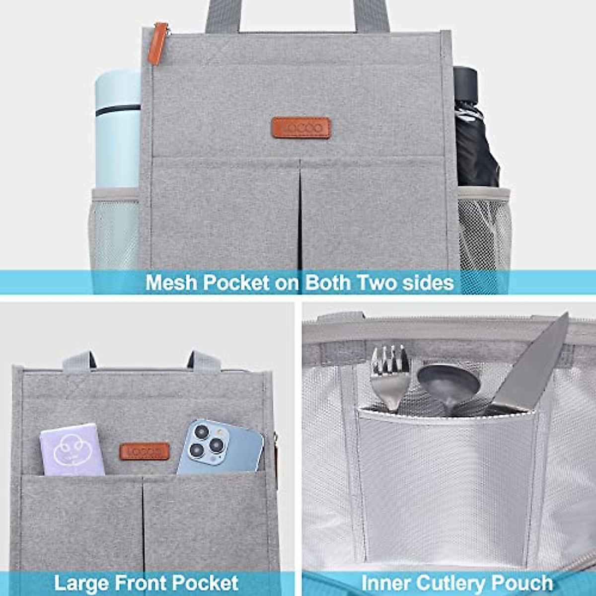 Lacdo Lunch Bag for Women Men Insulated Lunch Tote Bags Waterproof Reusable Lunch Box Soft Cooler with Pockets for Work Travel Picnic, Gray