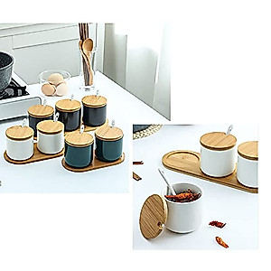 RockTrend Simple Pure Color Ceramic Spice Jar Seasoning Box Condiment Pot Sugar Bowl with Bamboo Lid and Spoon