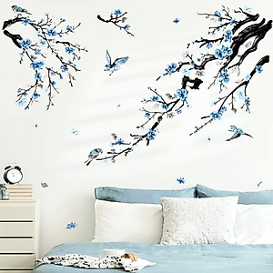 wondever Watercolor Flower Tree Branch Wall Stickers Blossom Blue Floral Birds Peel and Stick Wall Art Decals for Living Room Bedroom