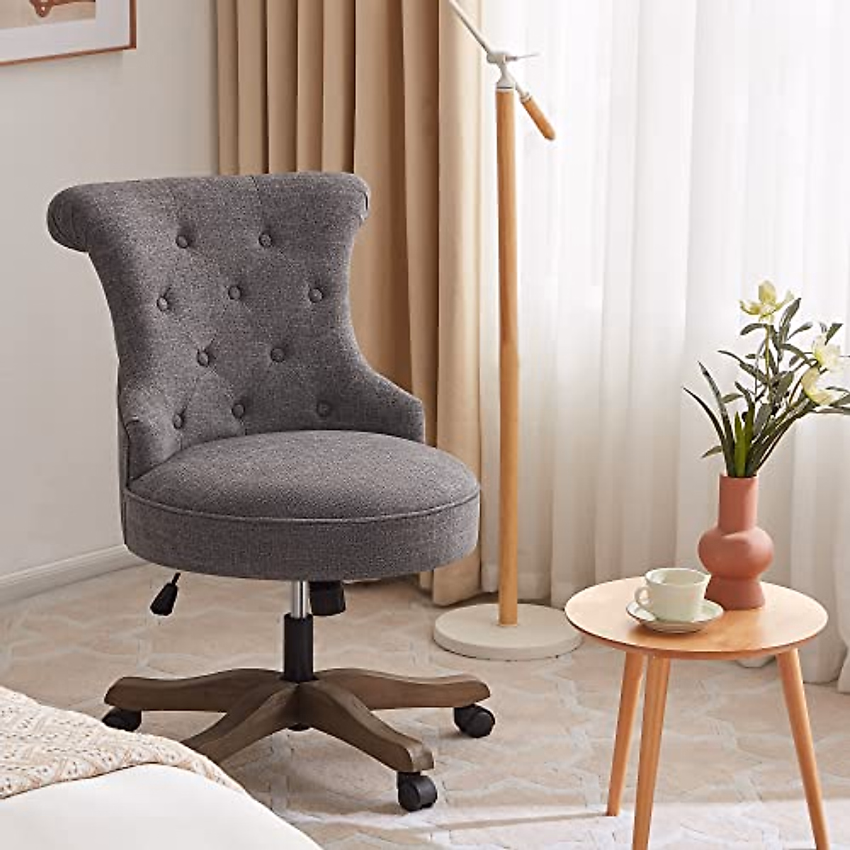 Batohom Home Office Chair Adjustable Height Swivel Chair with Wheels Linen Fabric Upholstered Computer Desk Chair with Wooden Legs Comfortable Armless Chair for Home Office Study Studio(Grey)