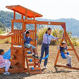 Dolphin Playground Wooden Swing Sets for Backyard with Sandbox, Outdoor Playset for Kids with 6FT Wave Slide, Rock Climbing Wall, 2 Belt Swings, and Fort, Heavy Duty Playground Accessories, Kids 2-10