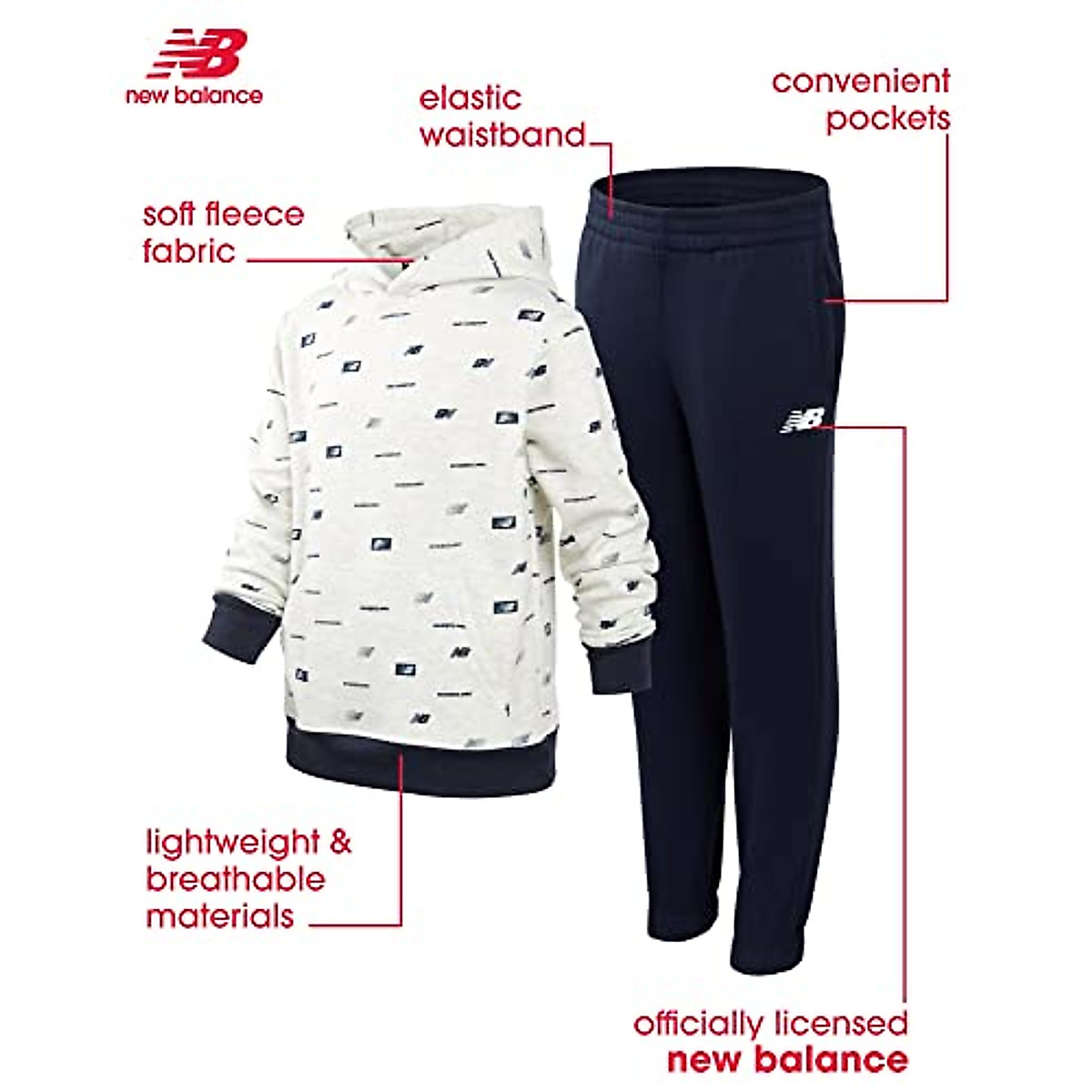 New Balance Boys' Sweatsuit Set - 2 Piece Fleece Pullover Hoodie Sweatshirt and Sweatpants (2T-20), Size 8, Oatmeal