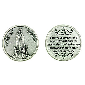 Blessed Virgin Mary Our Lady of Fatima Silver Tone Pocket Token with Prayer