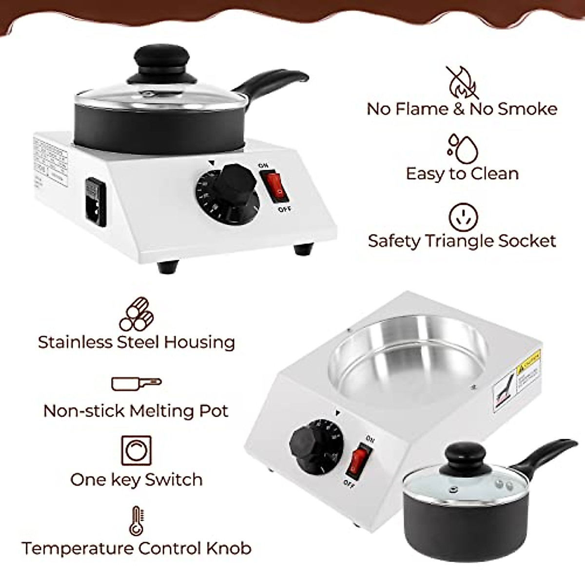 POWLAB Electric Chocolate Warmer Melting Pot Ceramic Removable Pot Candy Melting Machine Chocolate Melter Pot for Dipping 1L Capacity & Temperature Setting for Melting Candy, Butter, Cheese, Caramel