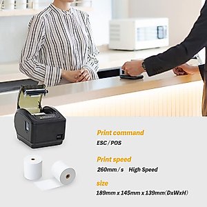 Thermal Receipt Printer, Washin WS-K260L, 80mm Receipt Printer with Auto Cutter and Support Cash Drawer, USB Ethernet Bluetooth, Windows MacOS Linux Android ESC/POS