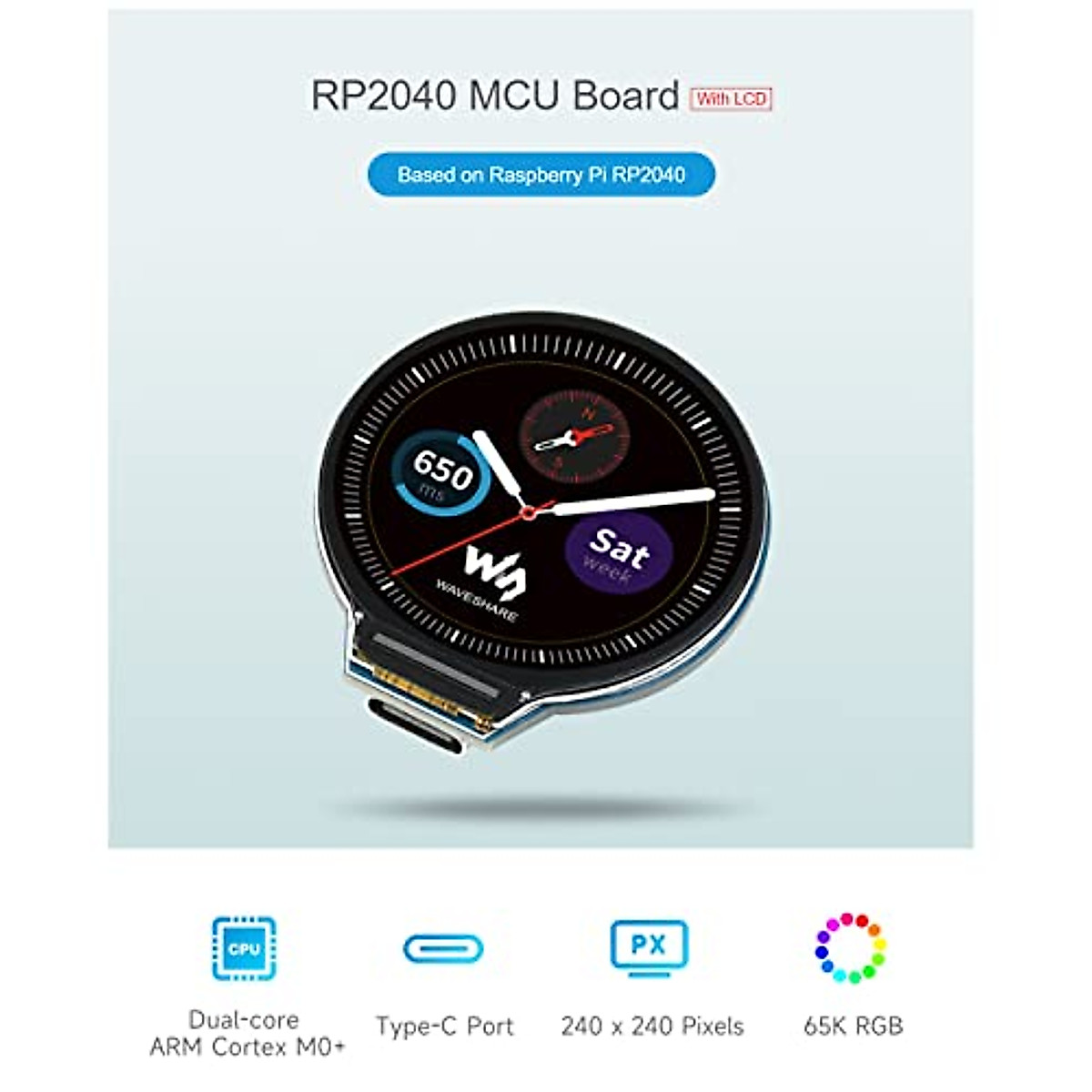 Coolwell RP2040 MCU Board with 1.28inch LCD,Round Shape, Accelerometer and Gyroscope Sensor,30 × Multi-Function GPIO Pins