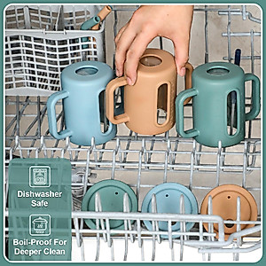 POIKSHARK Kids & Toddler Cups with Handle, Training Glass Tumbler 8 oz with Silicone Sleeves and Silicone Straws, BPA Free, Water Bottle, Smoothie Cups, Spill Proof Sippy Cups for Kid - Blue, Green