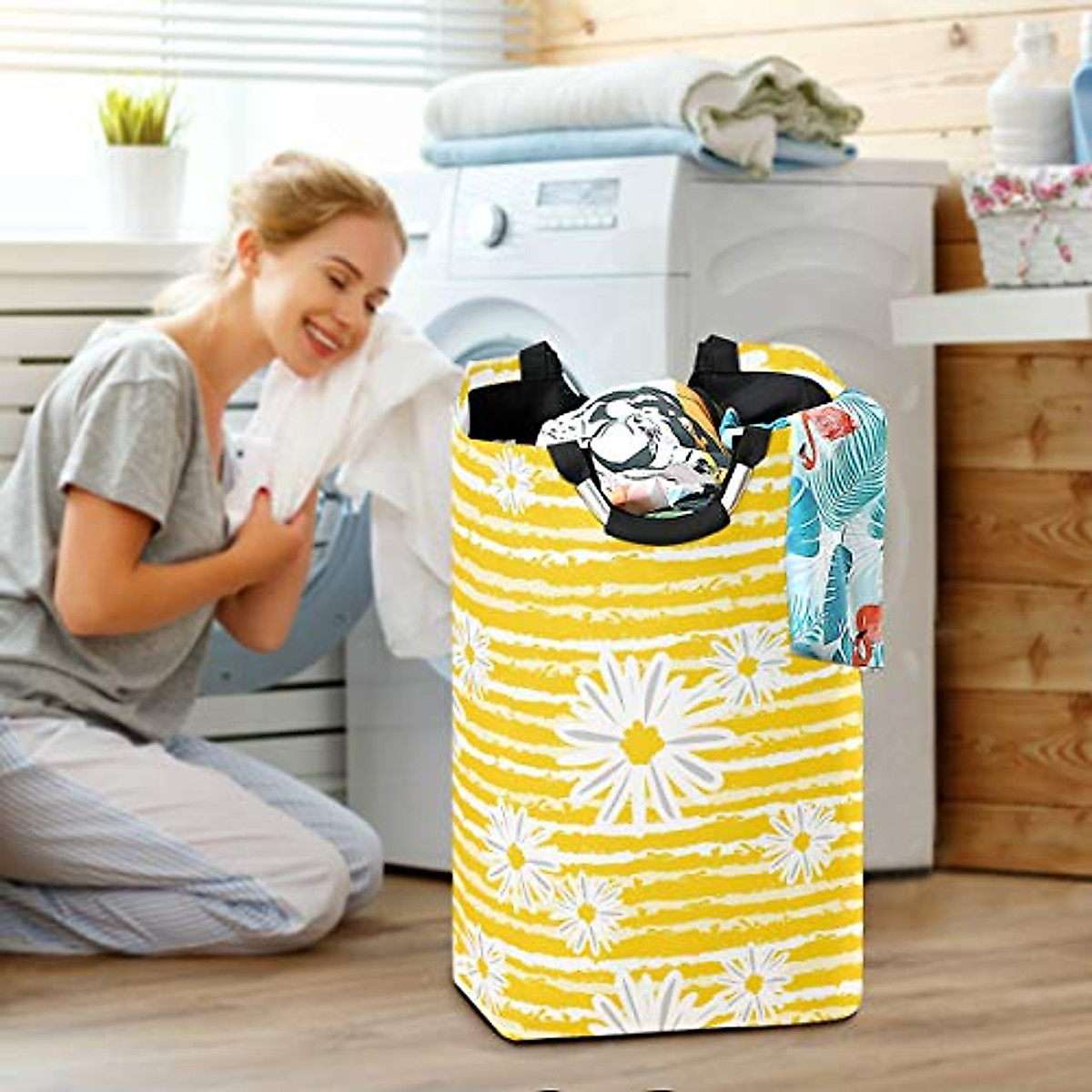 One Bear Flower Laundry Basket Cute Daisy Chamomiles Flowers Floral Yellow and White Stripes Foldable Large Laundry Hamper Bucket with Handles Collapsible Nursery Storage Bin for Kids Clothes Toy