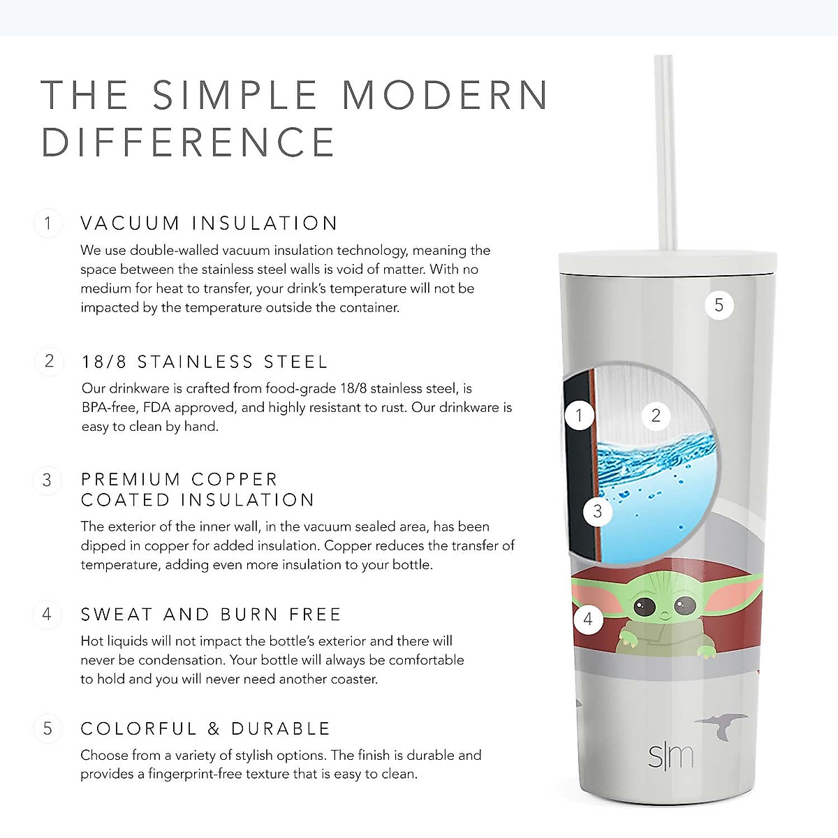 Simple Modern Star Wars Insulated Tumbler Cup with Flip Lid and Straw Lid | Gifts for Women Men Reusable Stainless Steel Water Bottle Travel Mug | Classic Collection | 24oz The Child