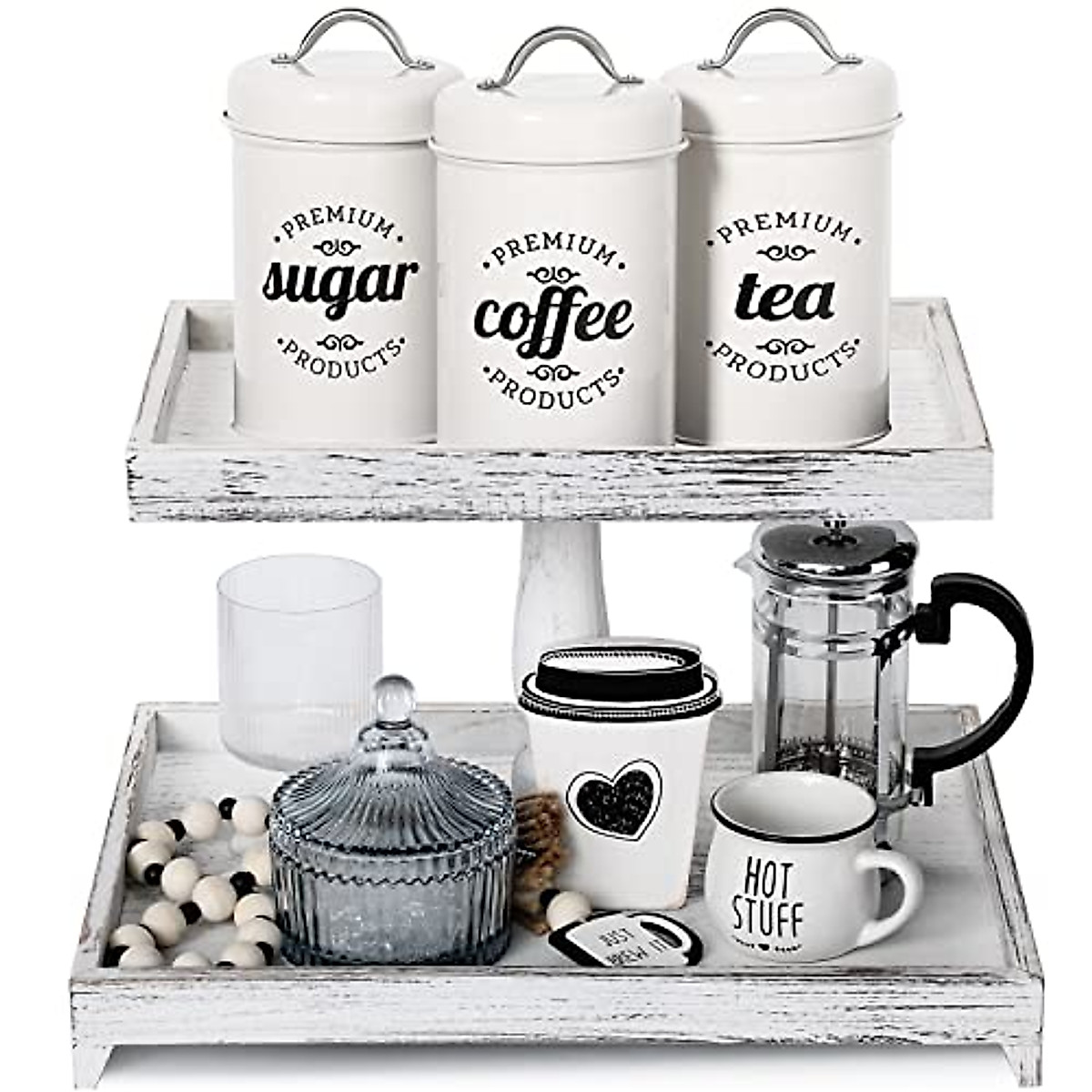 FESTWIND Farmhouse Wooden Rectangle Tiered Tray for Countertop, Small Beaded Tiered Tray Stand for Holidays, Two Tiered Tray Distressed Brown