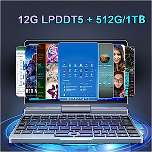 Mini Laptop 8 inch HD Touchscreen Portable 2 in 1 Computer, Windows 11 Pro Small Gaming Laptop,Intel N100 12 GB LPDDR5 1 TB M.2 SSD,WiFi 6,BT5.2 2 MP Camera,G-Sensor,HDMI,Type C