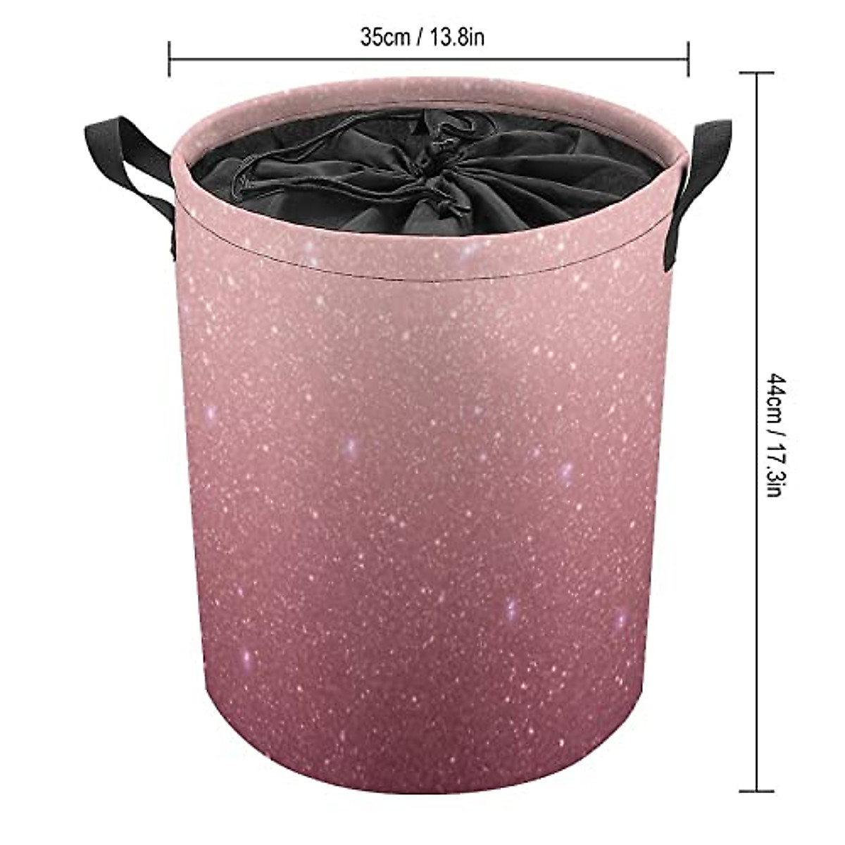 Rose Gold Glitter Laundry Basket Pink Bling Printed Laundry Hamper Collapsible Round Girls Dirty Clothes Hamper Toys Storage Basket with Drawstring for Kids Bedrooms Nursery