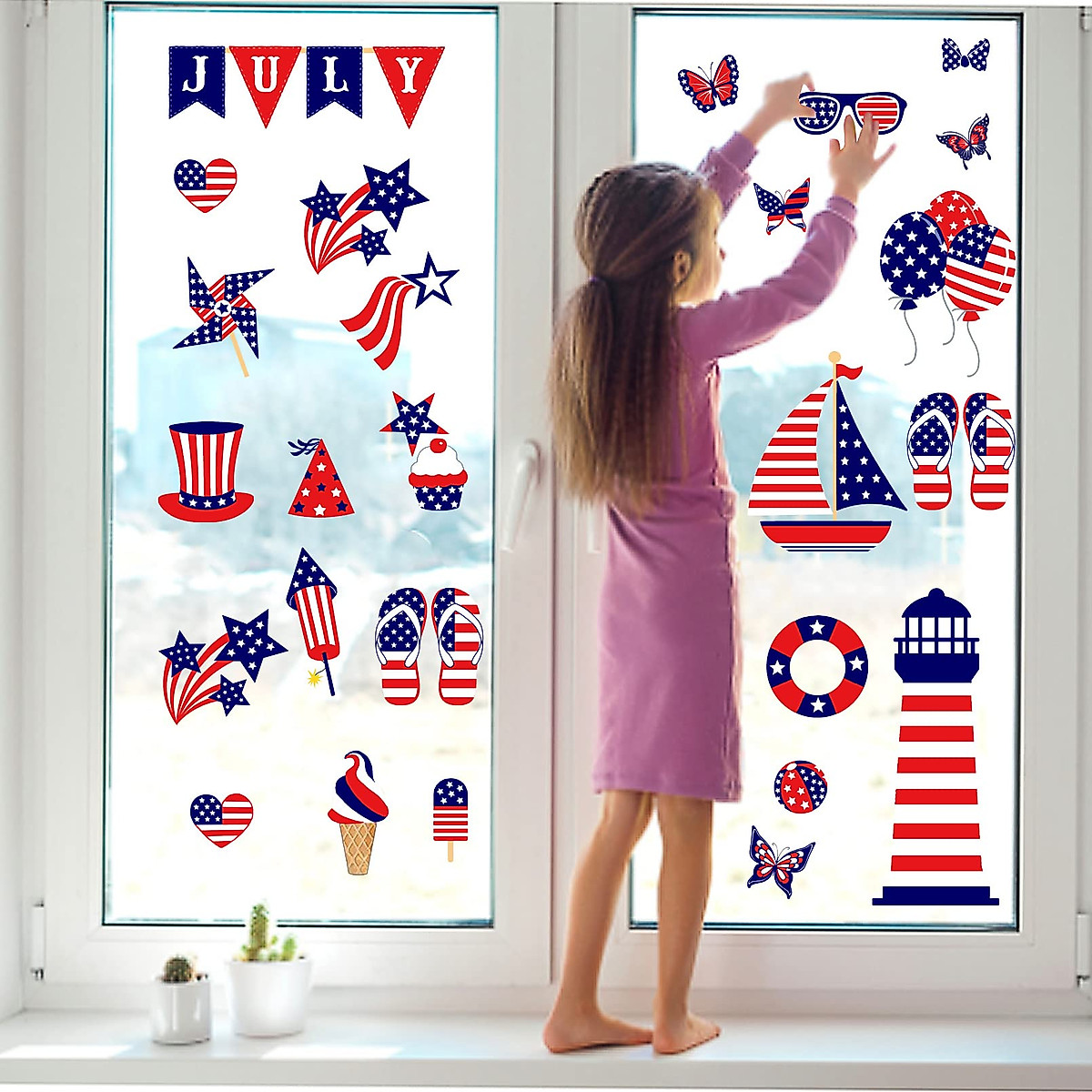 4th of July Patriotic Window Clings Memorial Day Decorations Double-Sided for Glass Windows 4 Sheets USA Stars Fourth Window Clings Veterans Day Independence Day Patriotic Holiday Decorations