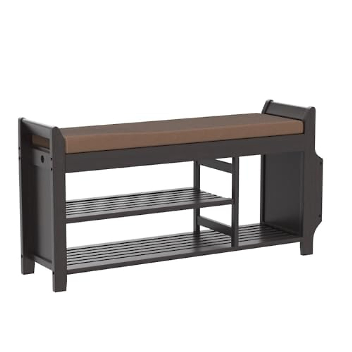 Bamboo Shoe Bench Entryway with Storage,FURFIMU Entryway Bench, Bench with Storage Basket,Bamboo Bench Removable Brown Cushion,2-Tier Entryway Shoe Storage with Umbrella Stand,Living Room or Hallway-L