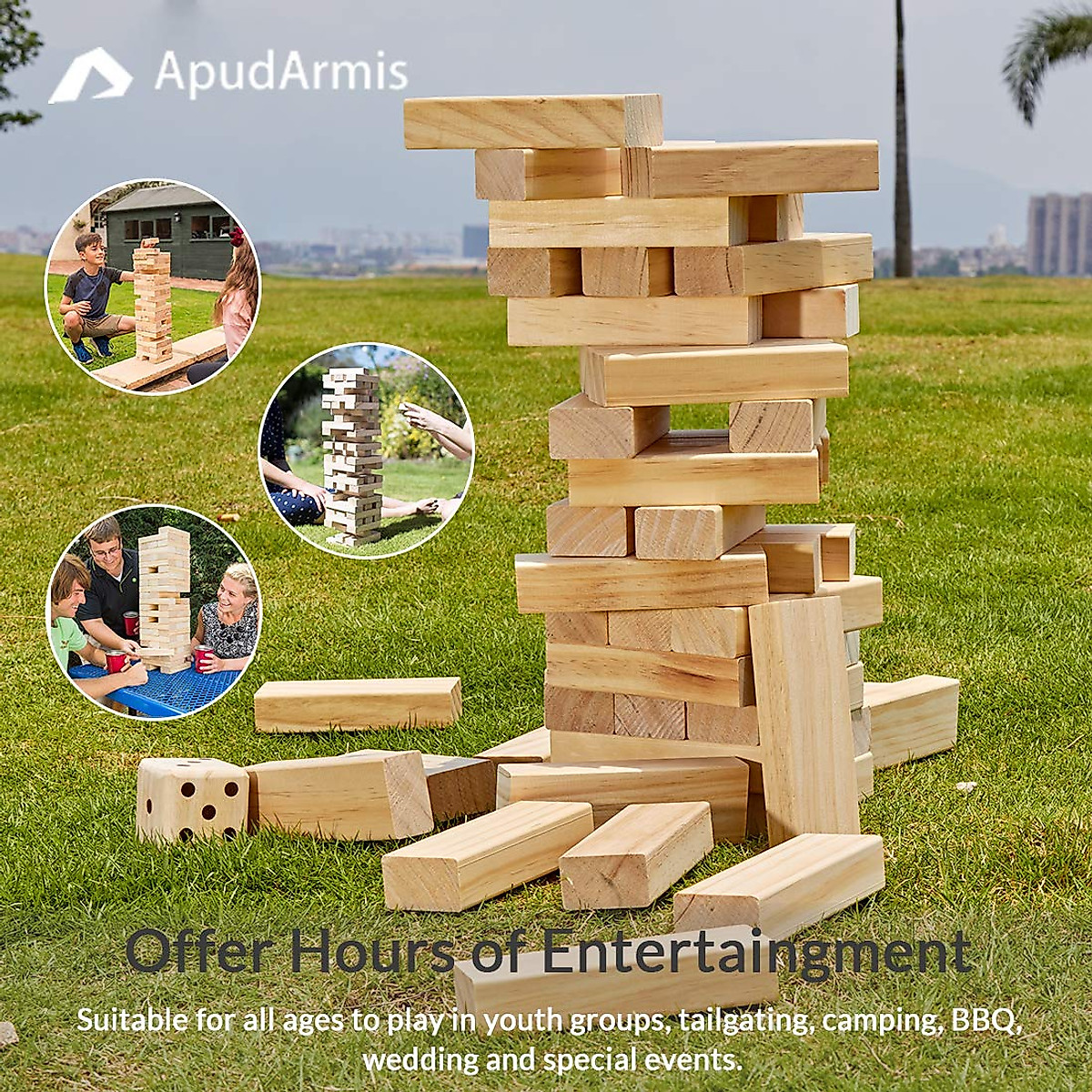 ApudArmis Giant Tumble Tower (Stack from 2Ft to Over 4.2Ft), 54 PCS Pine Wooden Stacking Timber Game with 1 Dice Set - Classic Block Giant Outdoor Game for Teens Adults Family