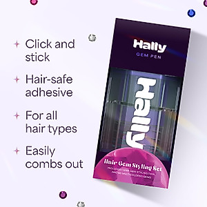 Hally Hair Gems Pen Applicator - Includes Hair Styling Tool with 240 Multicolored Adhesive Gem Stickers Hair Jewels - Stylish Hair Accessories for School, Halloween, Festivals, Wedding, Parties & More