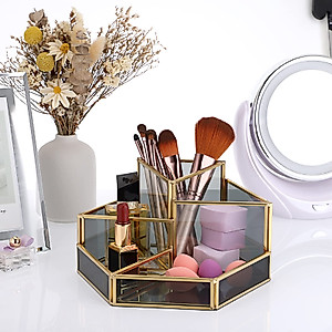 ELLDOO Multi-Functional Geometric Triangle Makeup Brush Holder, Gold Clear Black Glass Composite Hexagon Tray Jewery Organizer Nail Polish Skincare Perfume Lipstick Holder Storage for Dresser Bedroom