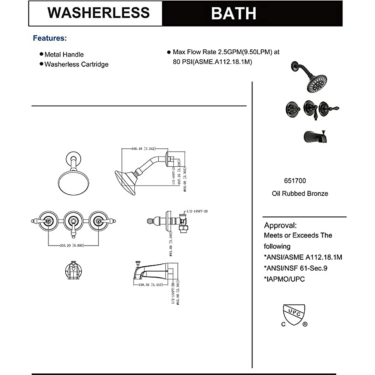 Designers Impressions 651701 Oil Rubbed Bronze Tub Shower Combo Faucet - Three Handle Design and Multi-Setting Shower Head - Convertible