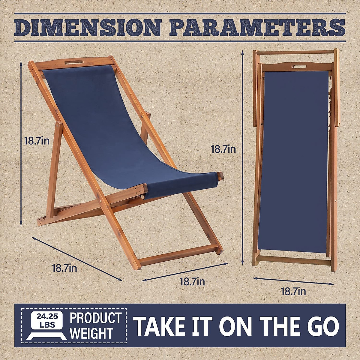 Patio Lounge Chair Outdoor Beach Chair Set of 2, Beach Sling Chair Patio Sling Chairs Set of 2, Wooden Folding Outdoor Chairs for Outside, 3 Level Height Adjustable, Portable Reclining Beach Chair