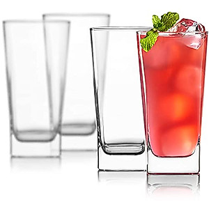 Highball Glasses [Set of 4] + 4 Stainless Steel Straws, 16 oz Lead-Free Crystal Clear Glass, Elegant Drinking Cups for Water, Wine, Beer, Cocktails and Mixed Drinks - Round Top, Square Bottom