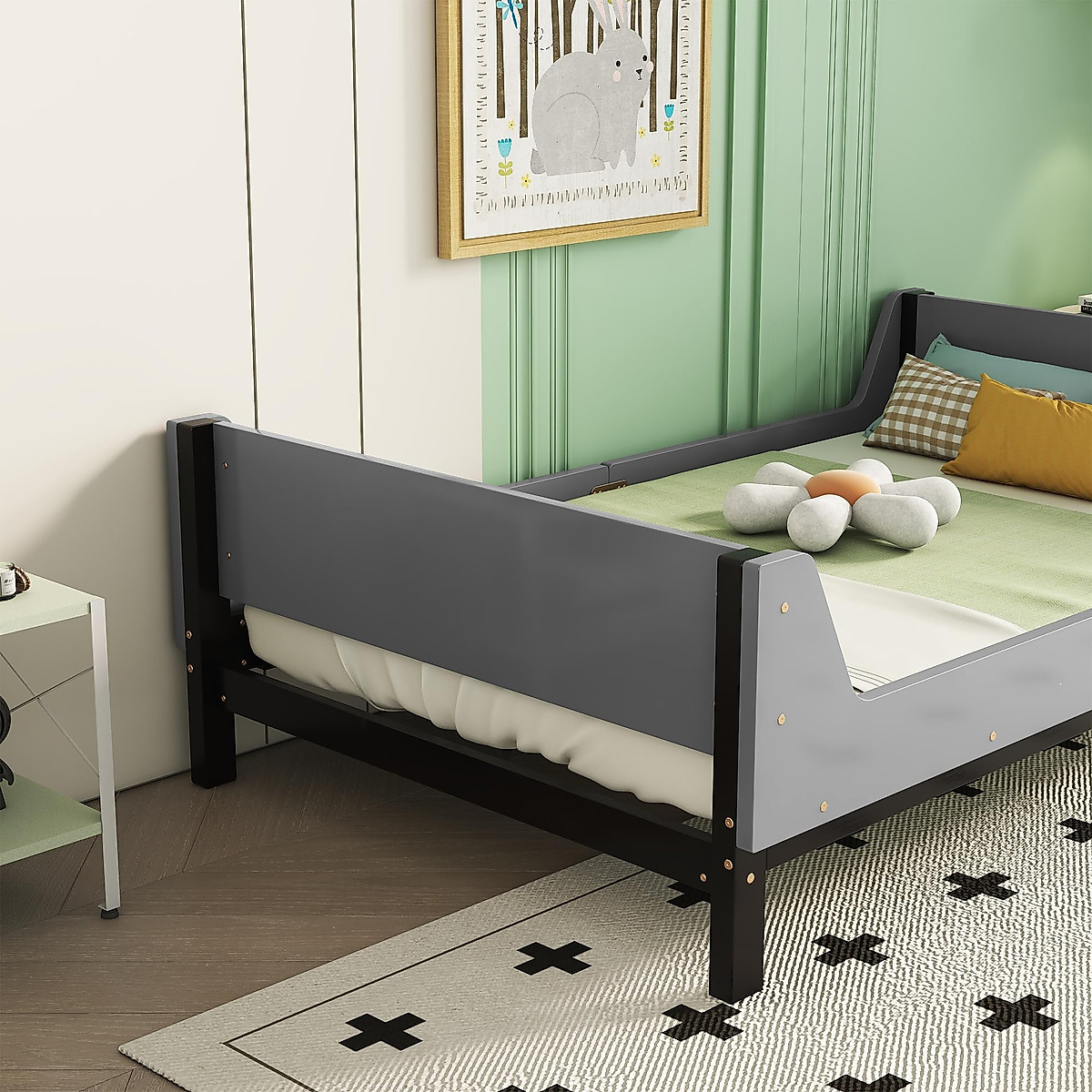 Kids Twin Size Bed Frame with Storage Bookcase, Wood Twin Bed Frames for Kids, Twin Bed Frame with Headboard and Footboard for Boys Girls, No Box Spring Needed,Grey