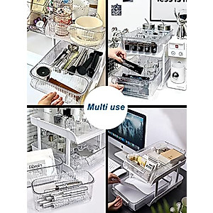 2 Tiers Under Sink Organizers And Storage, Plastic Storage Basket Drawers With Handle, White Multi-Purpose Pull Out Cabinet Organizer Shelf, Counter Organizing Tray For Kitchen, Office, Bathroom