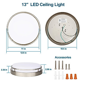 Xbuyee 2Pack LED Flush Mount Ceiling Light Fixture 13 Inch 20W, On/Off Switch 3000/4000/5000K Color Selectable, Dimmable Ceiling Lamp for Kitchen, Hallway, Stairwell, Brushed Nickel, ETL